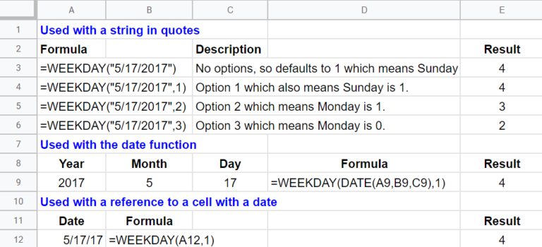 WEEKDAY Function - Google Sheets - Sheets Help