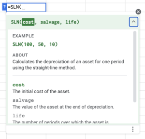 SLN - Straight Line Depreciation Function in Google Sheets