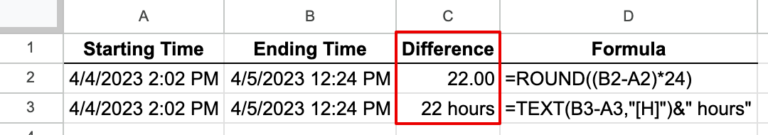 Difference Between Two Times in Hours Using Google Sheets