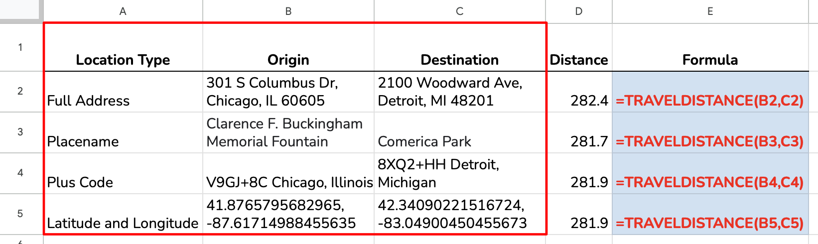 TRAVELDISTANCE Function - Google Sheets - Sheets Help