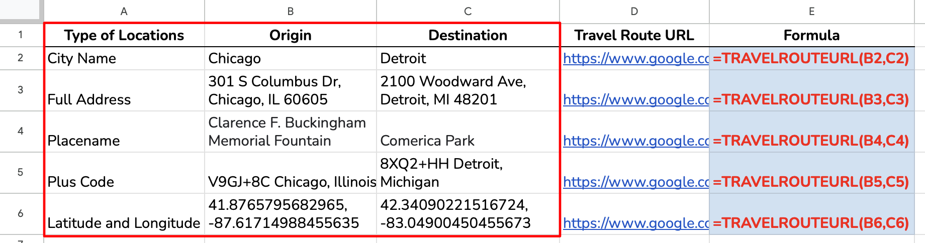 TRAVELROUTEURL Function – Google Sheets - Sheets Help